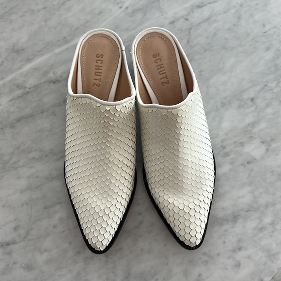 SCHUTZ | Shoes | Schutz Leanny Bright White Leather Snake Mules Never ...